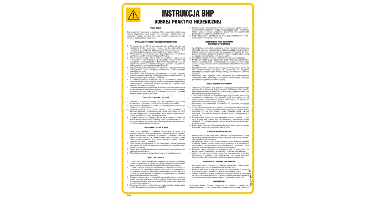 Instrukcja ogólna BHP dobrej praktyki higienicznej Instrukcja BHP IA38